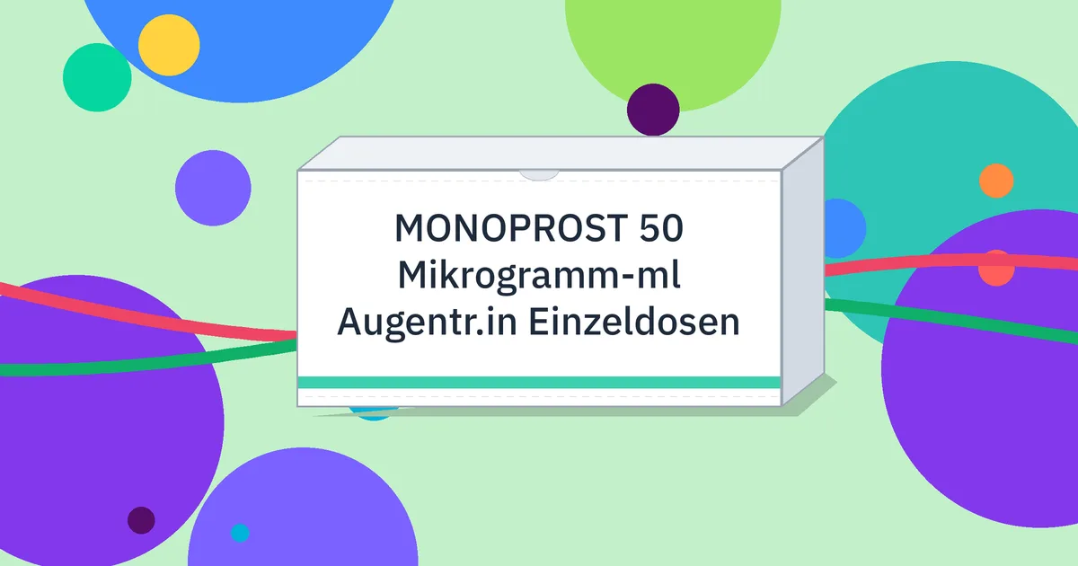 Symbolbild: Packung mit der Aufschrift MONOPROST 50 Mikrogramm-ml Augentr.in Einzeldosen (PZN 12470840) – Verfügbarkeit und Bezug in Apotheken in Frankfurt am Main