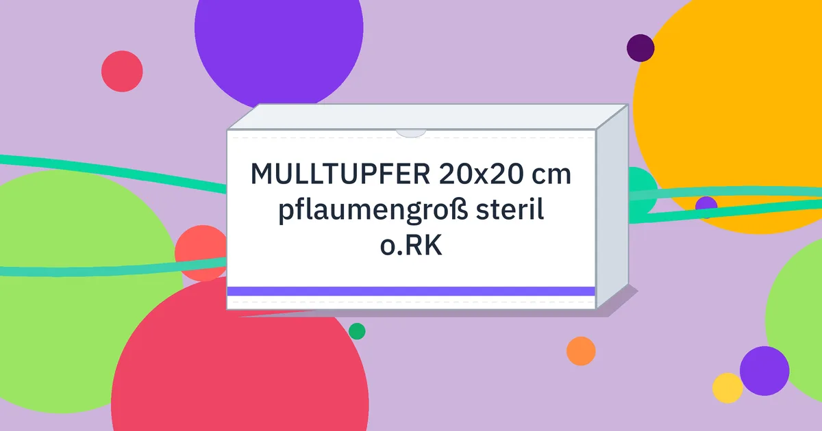 Symbolbild: Packung mit der Aufschrift MULLTUPFER 20x20 cm pflaumengroß steril o.RK (PZN 13506853) – Verfügbarkeit und Bezug in Apotheken in Frankfurt am Main