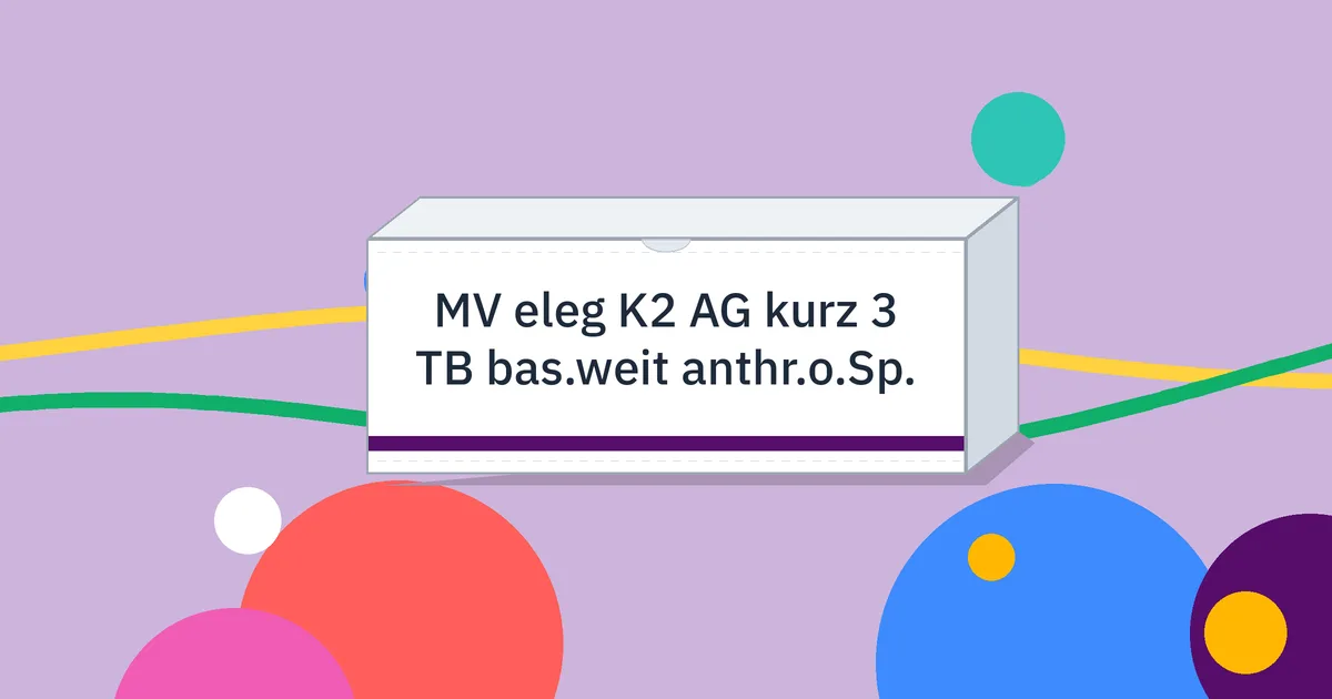 Symbolbild: Packung mit der Aufschrift MV eleg K2 AG kurz 3 TB bas.weit anthr.o.Sp. (PZN 00186789) – Verfügbarkeit und Bezug in Apotheken in Frankfurt am Main