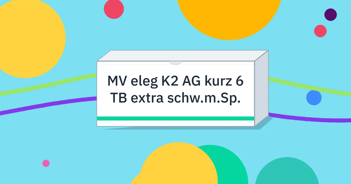 Symbolbild: Packung mit der Aufschrift MV eleg K2 AG kurz 6 TB extra schw.m.Sp. (PZN 09879488) – Verfügbarkeit und Bezug in Apotheken in Frankfurt am Main