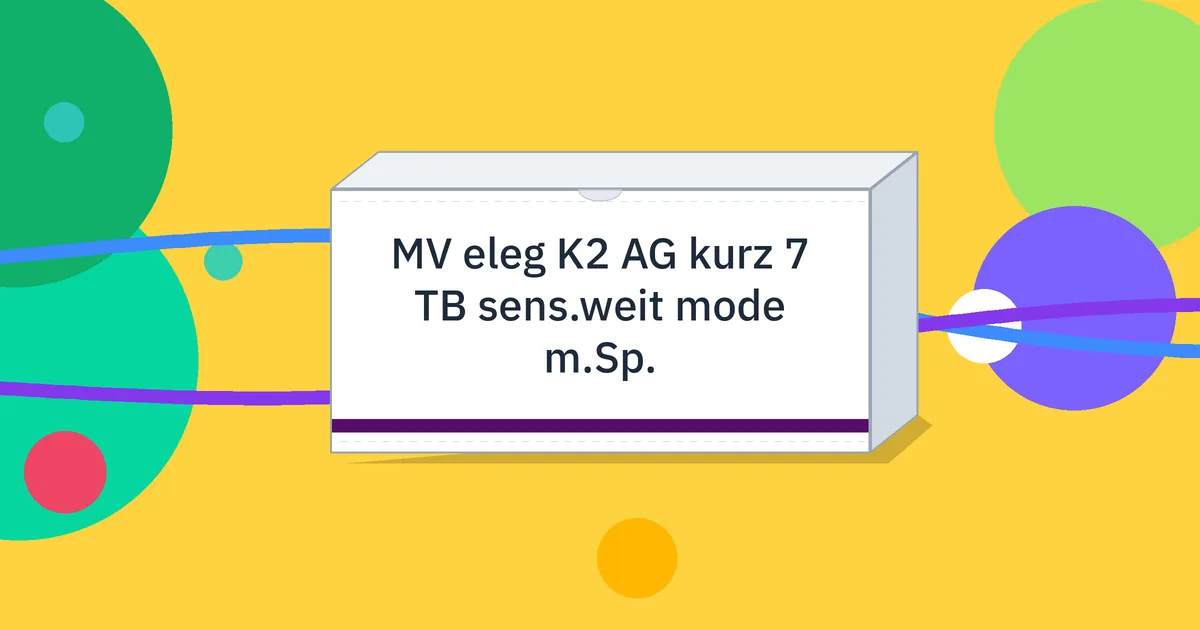 Symbolbild: Packung mit der Aufschrift MV eleg K2 AG kurz 7 TB sens.weit mode m.Sp. (PZN 09863317) – Verfügbarkeit und Bezug in Apotheken in Frankfurt am Main
