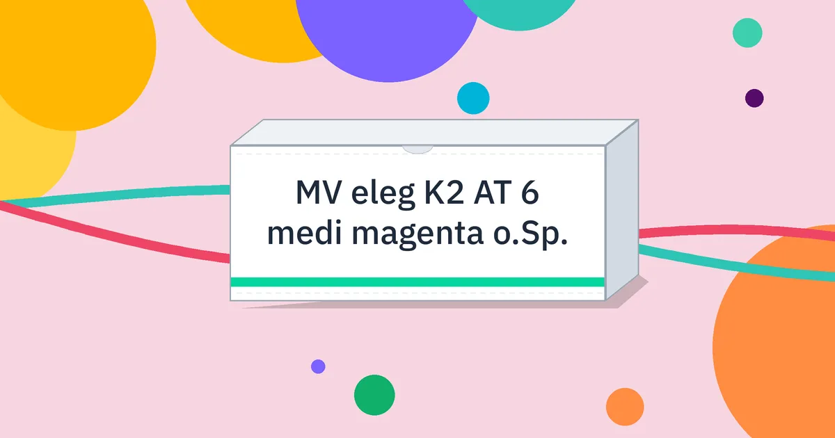 Symbolbild: Packung mit der Aufschrift MV eleg K2 AT 6 medi magenta o.Sp. (PZN 14625784) – Verfügbarkeit und Bezug in Apotheken in Frankfurt am Main