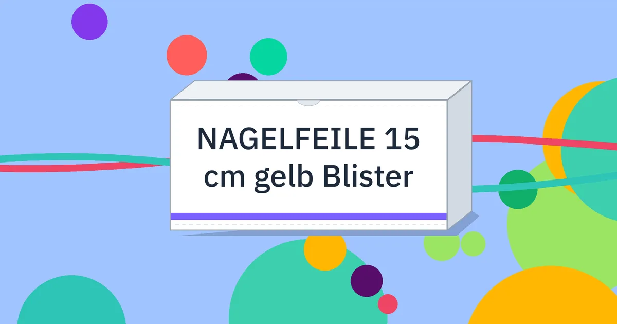 Symbolbild: Packung mit der Aufschrift NAGELFEILE 15 cm gelb Blister (PZN 01585066) – Verfügbarkeit und Bezug in Apotheken in Frankfurt am Main