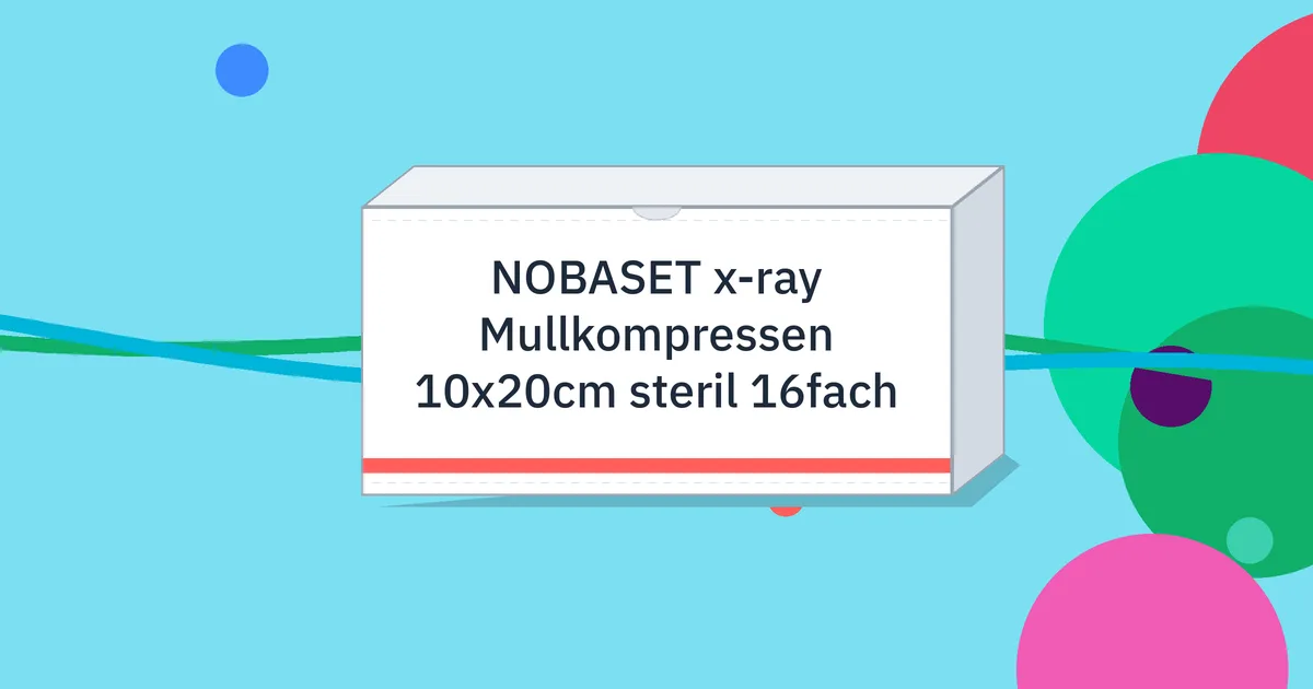 Symbolbild: Packung mit der Aufschrift NOBASET x-ray Mullkompressen 10x20cm steril 16fach (PZN 17824946) – Verfügbarkeit und Bezug in Apotheken in Frankfurt am Main