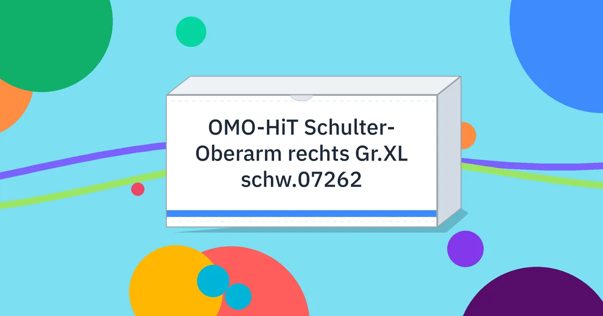 Symbolbild: Packung mit der Aufschrift OMO-HiT Schulter-Oberarm rechts Gr.XL schw.07262 (PZN 03640898) – Verfügbarkeit und Bezug in Apotheken in Frankfurt am Main