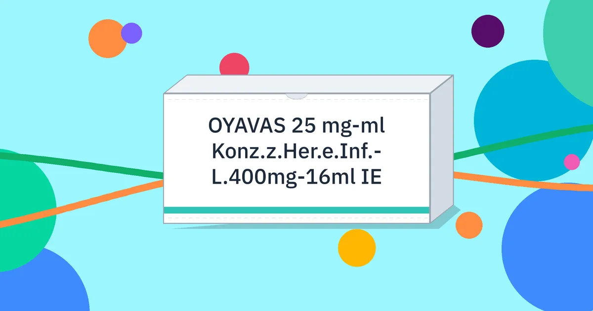 Symbolbild: Packung mit der Aufschrift OYAVAS 25 mg-ml Konz.z.Her.e.Inf.-L.400mg-16ml IE (PZN 19449458) – Verfügbarkeit und Bezug in Apotheken in Frankfurt am Main