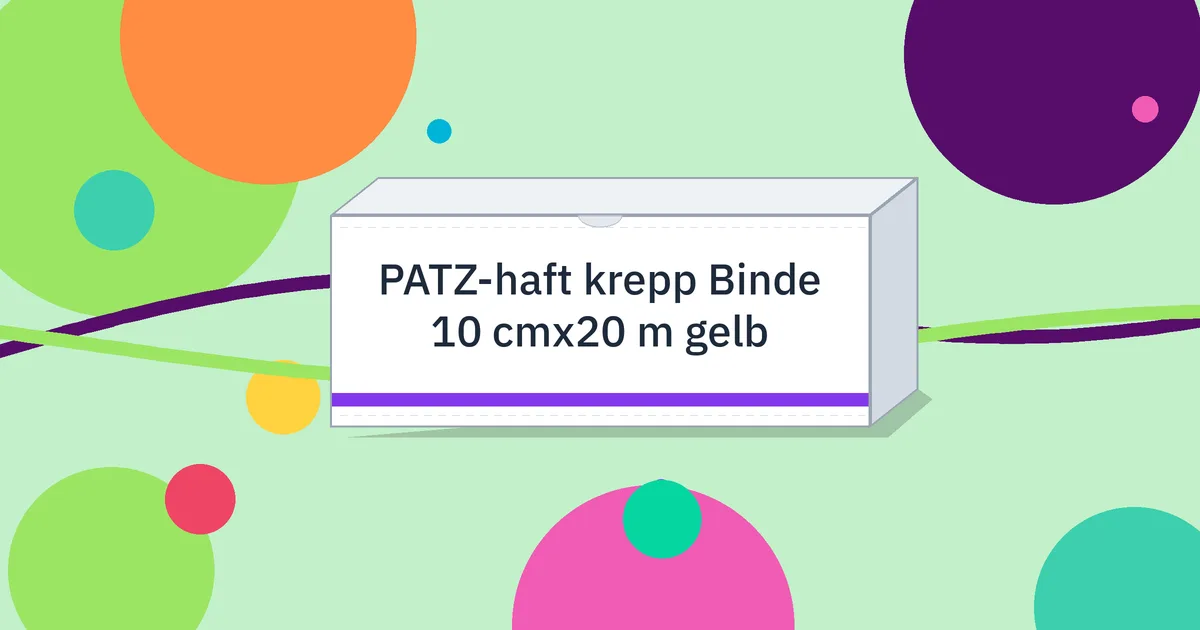 Symbolbild: Packung mit der Aufschrift PATZ-haft krepp Binde 10 cmx20 m gelb (PZN 06814821) – Verfügbarkeit und Bezug in Apotheken in Frankfurt am Main