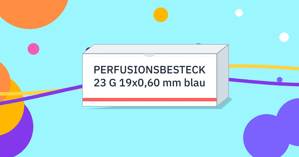 Symbolbild: Packung mit der Aufschrift PERFUSIONSBESTECK 23 G 19x0,60 mm blau (PZN 13846520) – Verfügbarkeit und Bezug in Apotheken in Frankfurt am Main