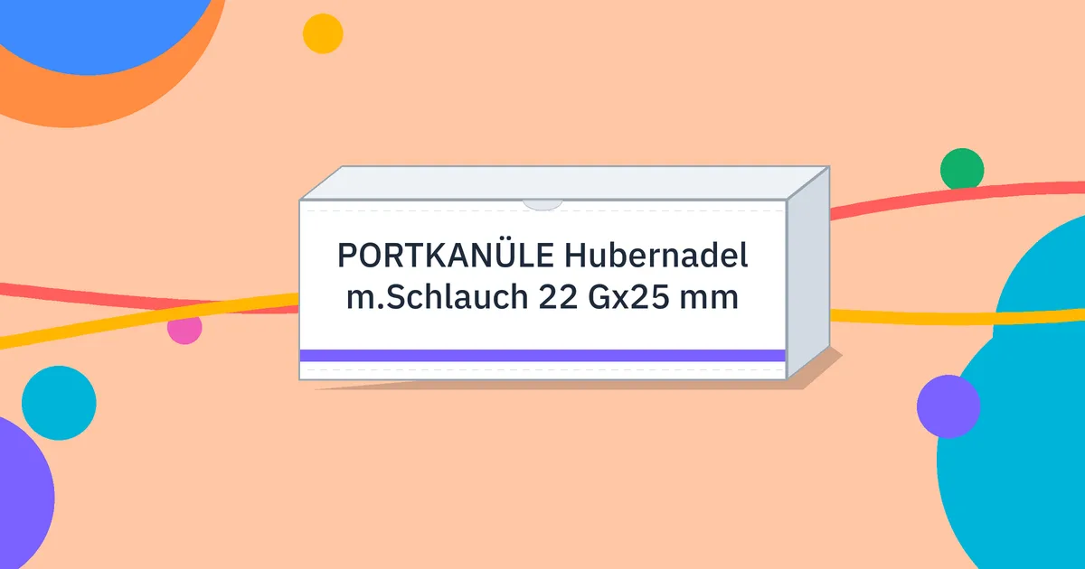 Symbolbild: Packung mit der Aufschrift PORTKANÜLE Hubernadel m.Schlauch 22 Gx25 mm (PZN 12497810) – Verfügbarkeit und Bezug in Apotheken in Frankfurt am Main