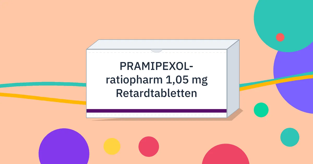 Symbolbild: Packung mit der Aufschrift PRAMIPEXOL-ratiopharm 1,05 mg Retardtabletten (PZN 10072182) – Verfügbarkeit und Bezug in Apotheken in Frankfurt am Main
