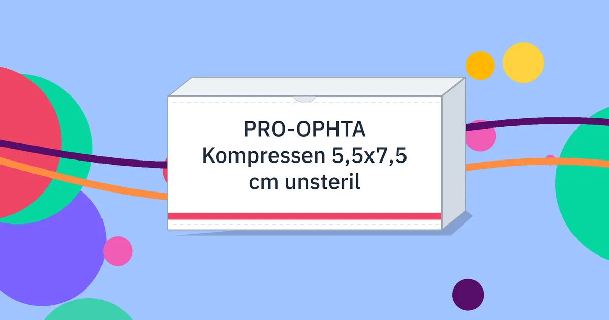 Symbolbild: Packung mit der Aufschrift PRO-OPHTA Kompressen 5,5x7,5 cm unsteril (PZN 00087395) – Verfügbarkeit und Bezug in Apotheken in Frankfurt am Main