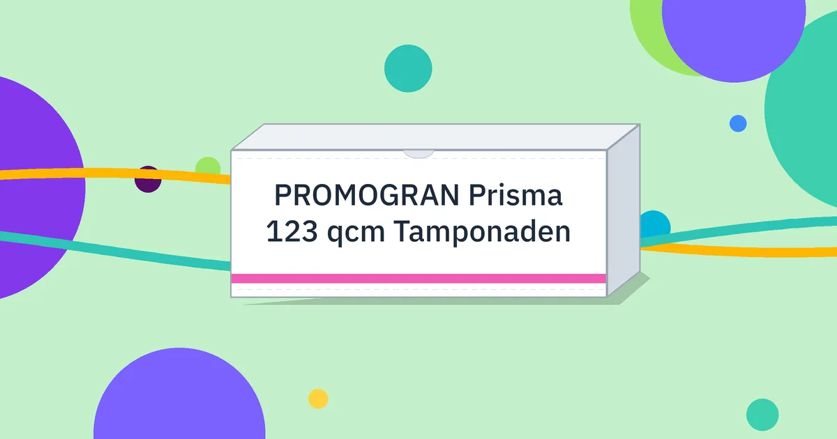 Symbolbild: Packung mit der Aufschrift PROMOGRAN Prisma 123 qcm Tamponaden (PZN 02860586) – Verfügbarkeit und Bezug in Apotheken in Frankfurt am Main