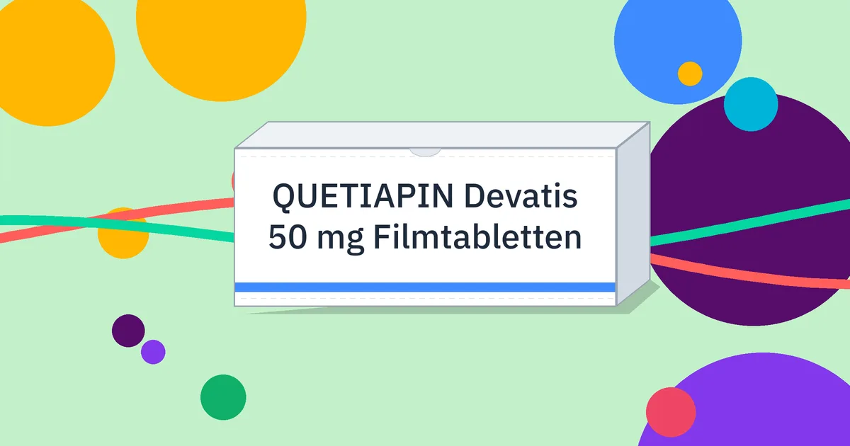 Symbolbild: Packung mit der Aufschrift QUETIAPIN Devatis 50 mg Filmtabletten (PZN 17235776) – Verfügbarkeit und Bezug in Apotheken in Frankfurt am Main