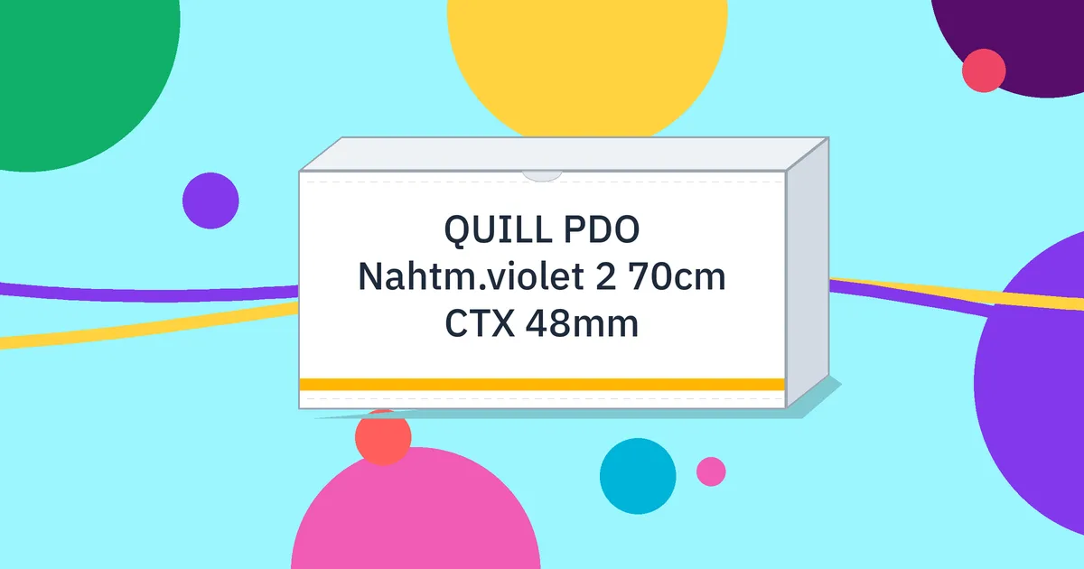 Symbolbild: Packung mit der Aufschrift QUILL PDO Nahtm.violet 2 70cm CTX 48mm (PZN 17990142) – Verfügbarkeit und Bezug in Apotheken in Frankfurt am Main