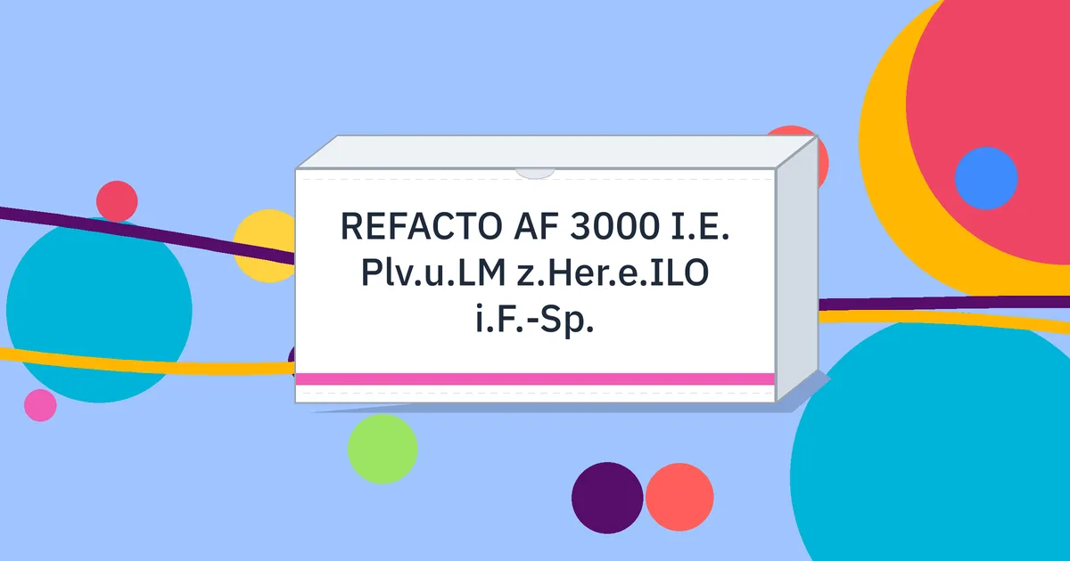 Symbolbild: Packung mit der Aufschrift REFACTO AF 3000 I.E. Plv.u.LM z.Her.e.ILO i.F.-Sp. (PZN 07773372) – Verfügbarkeit und Bezug in Apotheken in Frankfurt am Main
