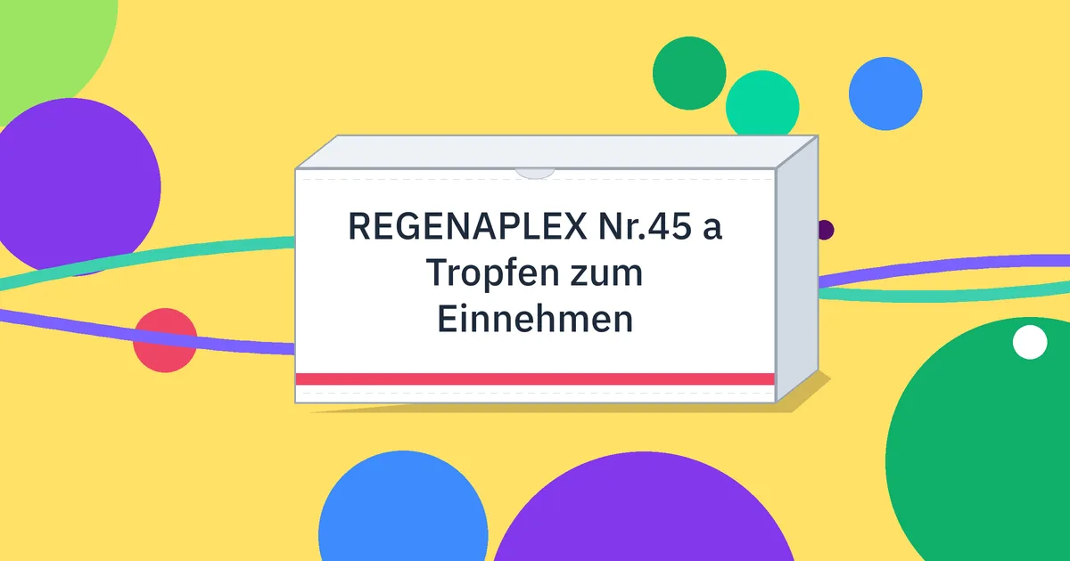 Symbolbild: Packung mit der Aufschrift REGENAPLEX Nr.45 a Tropfen zum Einnehmen (PZN 02642665) – Verfügbarkeit und Bezug in Apotheken in Frankfurt am Main