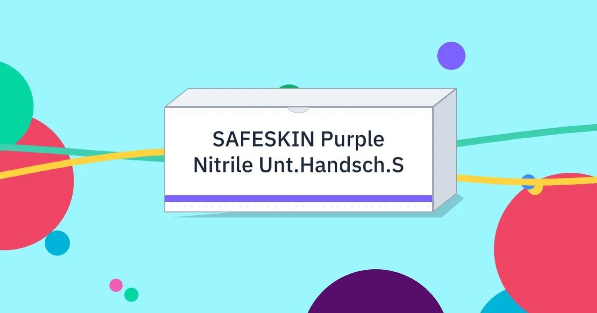 Symbolbild: Packung mit der Aufschrift SAFESKIN Purple Nitrile Unt.Handsch.S (PZN 01298674) – Verfügbarkeit und Bezug in Apotheken in Frankfurt am Main