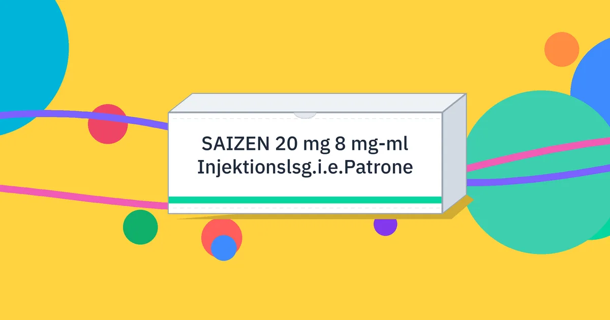 Symbolbild: Packung mit der Aufschrift SAIZEN 20 mg 8 mg-ml Injektionslsg.i.e.Patrone (PZN 20272580) – Verfügbarkeit und Bezug in Apotheken in Frankfurt am Main