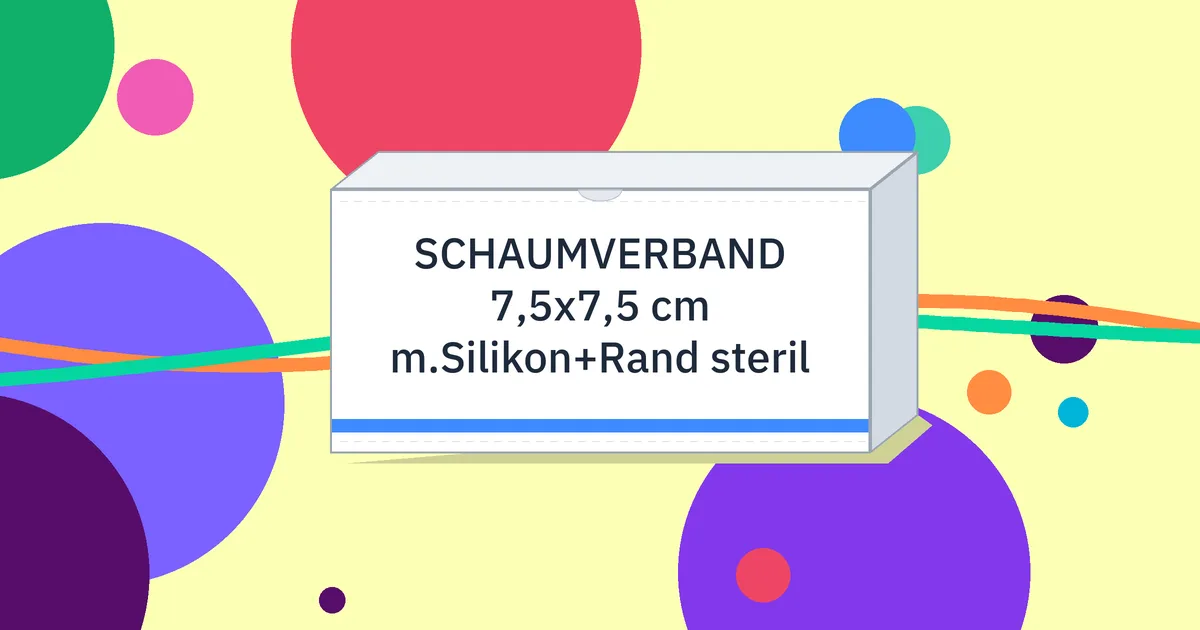 Symbolbild: Packung mit der Aufschrift SCHAUMVERBAND 7,5x7,5 cm m.Silikon+Rand steril (PZN 19509195) – Verfügbarkeit und Bezug in Apotheken in Frankfurt am Main