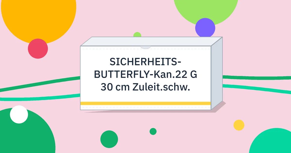 Symbolbild: Packung mit der Aufschrift SICHERHEITS-BUTTERFLY-Kan.22 G 30 cm Zuleit.schw. (PZN 15822481) – Verfügbarkeit und Bezug in Apotheken in Frankfurt am Main
