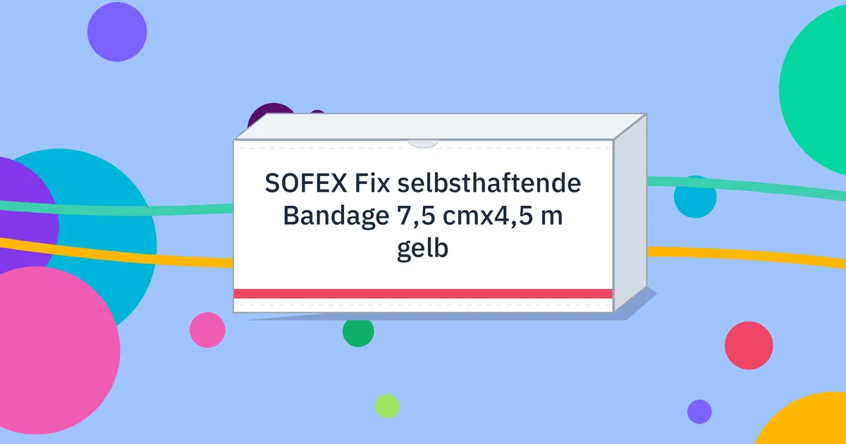 Symbolbild: Packung mit der Aufschrift SOFEX Fix selbsthaftende Bandage 7,5 cmx4,5 m gelb (PZN 18219466) – Verfügbarkeit und Bezug in Apotheken in Frankfurt am Main