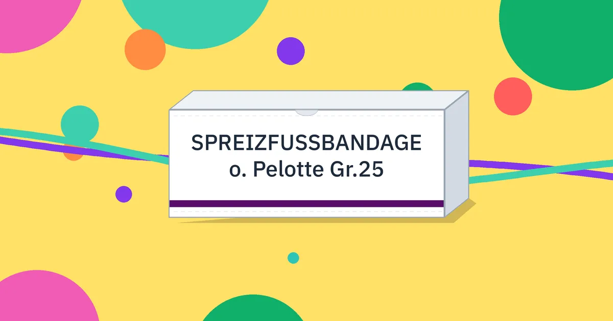 Symbolbild: Packung mit der Aufschrift SPREIZFUSSBANDAGE o. Pelotte Gr.25 (PZN 01736507) – Verfügbarkeit und Bezug in Apotheken in Frankfurt am Main