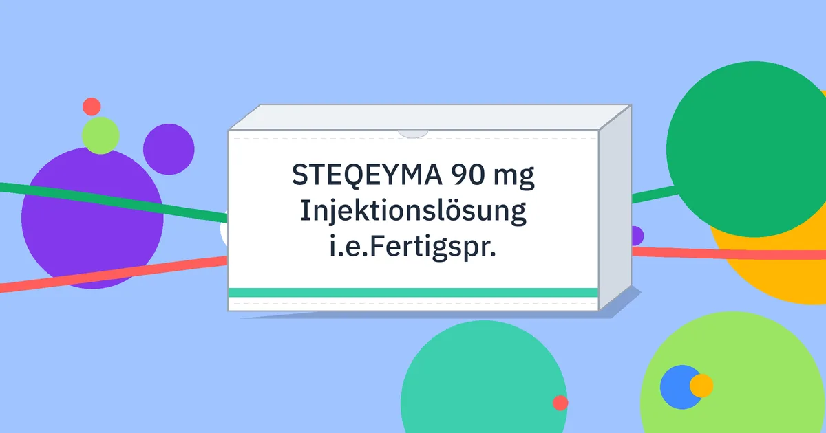 Symbolbild: Packung mit der Aufschrift STEQEYMA 90 mg Injektionslösung i.e.Fertigspr. (PZN 19778943) – Verfügbarkeit und Bezug in Apotheken in Frankfurt am Main
