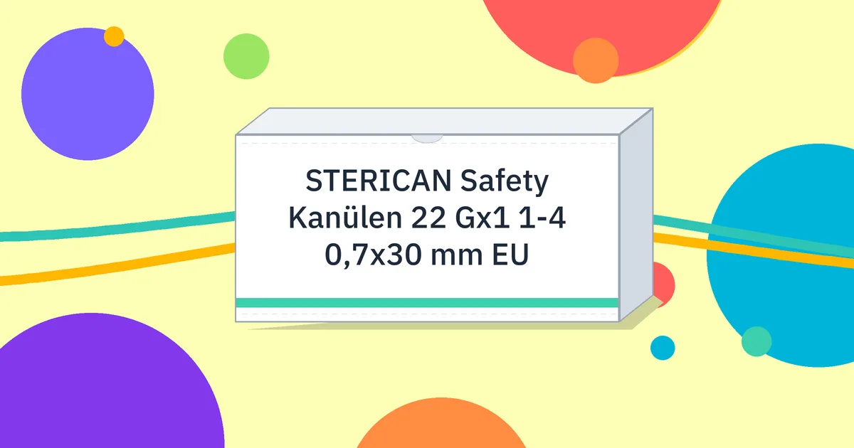 Symbolbild: Packung mit der Aufschrift STERICAN Safety Kanülen 22 Gx1 1-4 0,7x30 mm EU (PZN 13353869) – Verfügbarkeit und Bezug in Apotheken in Frankfurt am Main