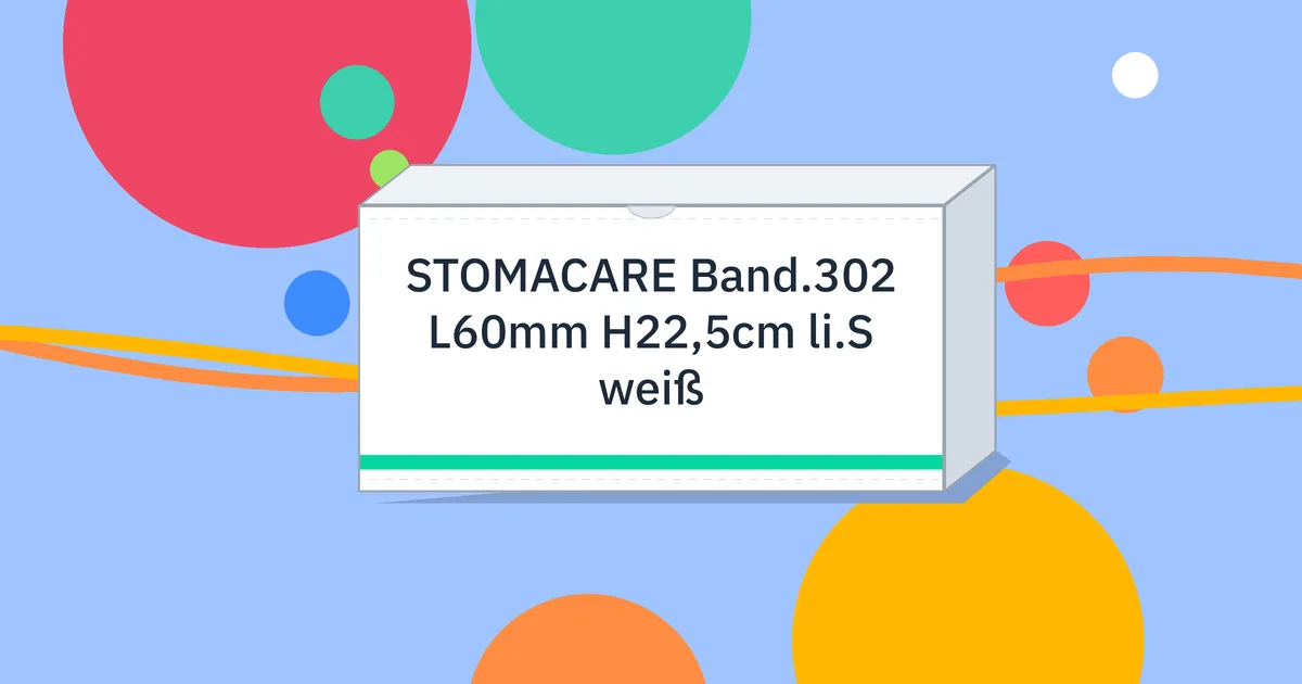 Symbolbild: Packung mit der Aufschrift STOMACARE Band.302 L60mm H22,5cm li.S weiß (PZN 09109135) – Verfügbarkeit und Bezug in Apotheken in Frankfurt am Main