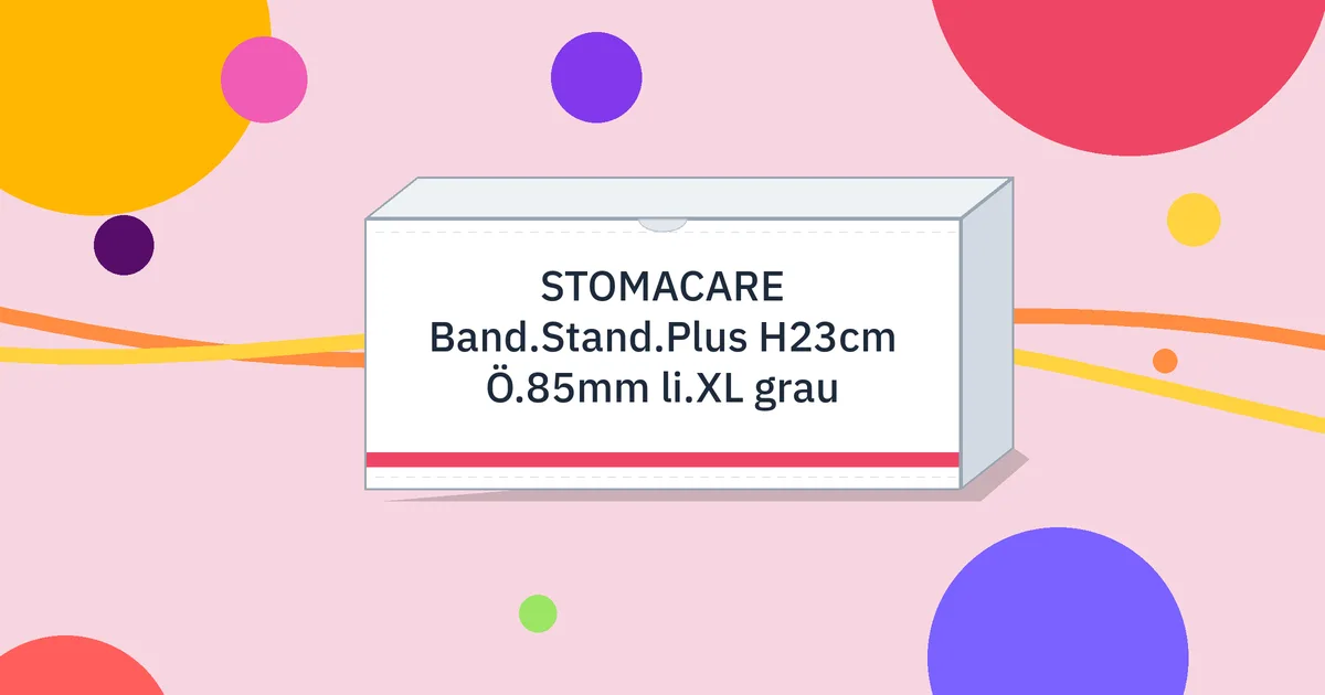Symbolbild: Packung mit der Aufschrift STOMACARE Band.Stand.Plus H23cm Ö.85mm li.XL grau (PZN 16751168) – Verfügbarkeit und Bezug in Apotheken in Frankfurt am Main