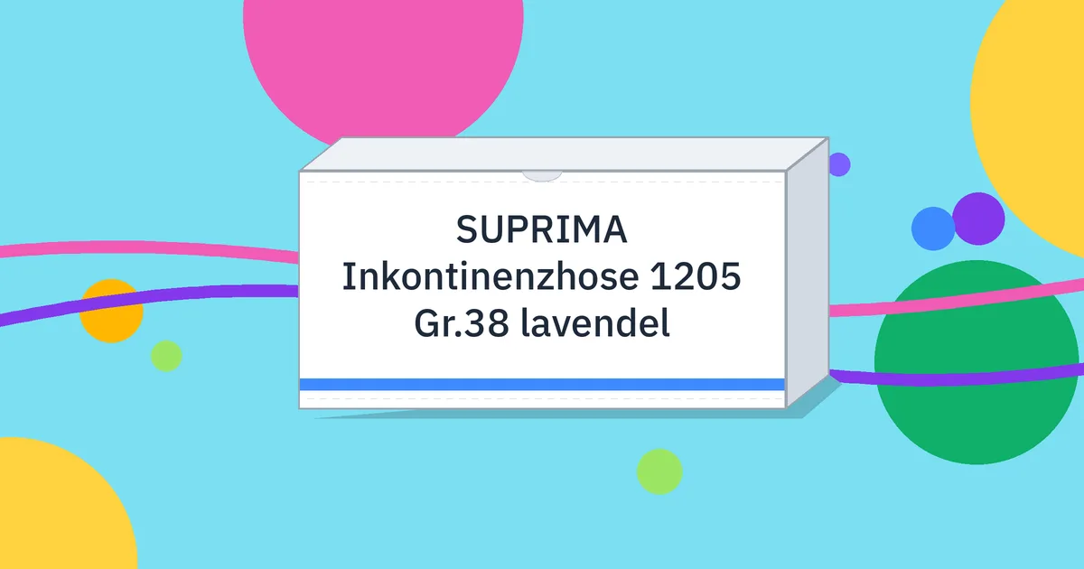 Symbolbild: Packung mit der Aufschrift SUPRIMA Inkontinenzhose 1205 Gr.38 lavendel (PZN 01634184) – Verfügbarkeit und Bezug in Apotheken in Frankfurt am Main