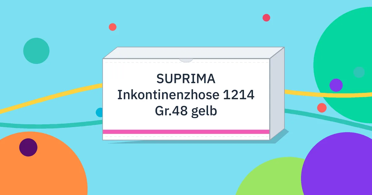 Symbolbild: Packung mit der Aufschrift SUPRIMA Inkontinenzhose 1214 Gr.48 gelb (PZN 02852138) – Verfügbarkeit und Bezug in Apotheken in Frankfurt am Main