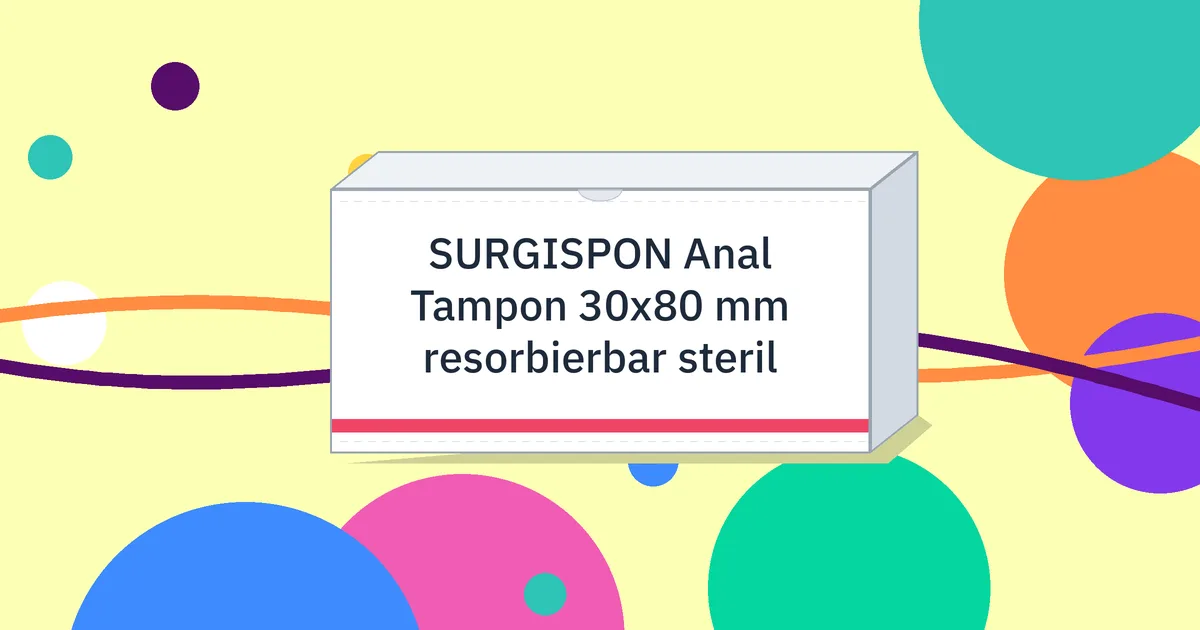 Symbolbild: Packung mit der Aufschrift SURGISPON Anal Tampon 30x80 mm resorbierbar steril (PZN 18741205) – Verfügbarkeit und Bezug in Apotheken in Frankfurt am Main