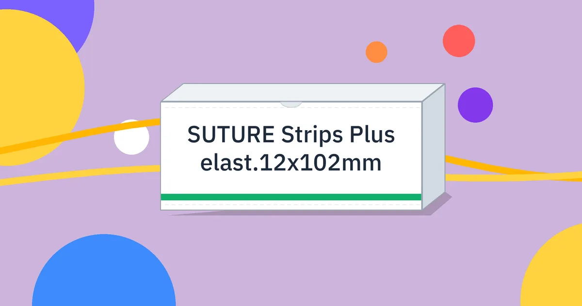 Symbolbild: Packung mit der Aufschrift SUTURE Strips Plus elast.12x102mm (PZN 03637229) – Verfügbarkeit und Bezug in Apotheken in Frankfurt am Main