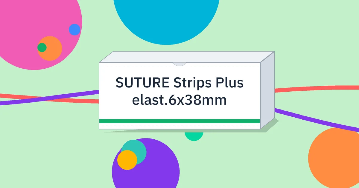 Symbolbild: Packung mit der Aufschrift SUTURE Strips Plus elast.6x38mm (PZN 03637235) – Verfügbarkeit und Bezug in Apotheken in Frankfurt am Main