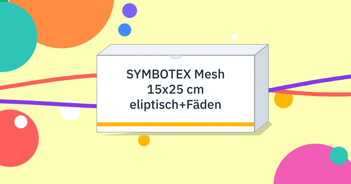 Symbolbild: Packung mit der Aufschrift SYMBOTEX Mesh 15x25 cm eliptisch+Fäden (PZN 10631173) – Verfügbarkeit und Bezug in Apotheken in Frankfurt am Main