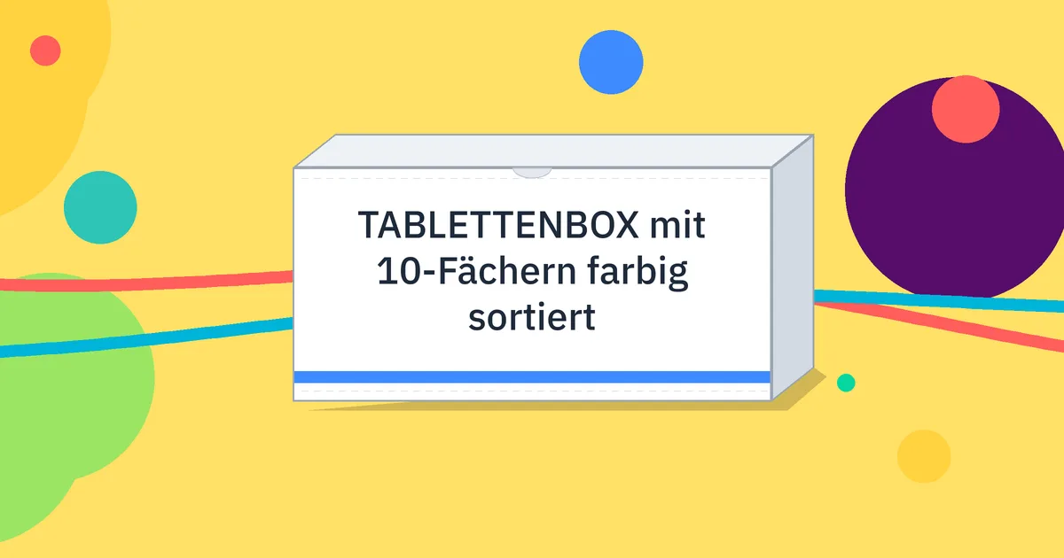 Symbolbild: Packung mit der Aufschrift TABLETTENBOX mit 10-Fächern farbig sortiert (PZN 06646795) – Verfügbarkeit und Bezug in Apotheken in Frankfurt am Main