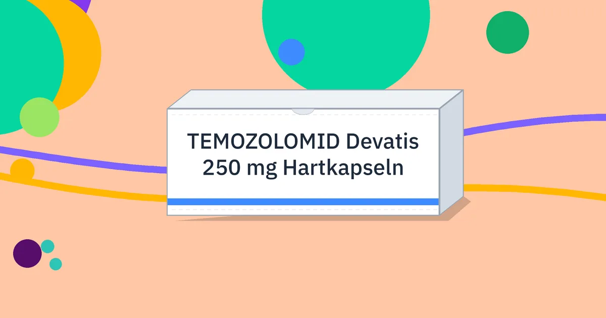 Symbolbild: Packung mit der Aufschrift TEMOZOLOMID Devatis 250 mg Hartkapseln (PZN 17981829) – Verfügbarkeit und Bezug in Apotheken in Frankfurt am Main