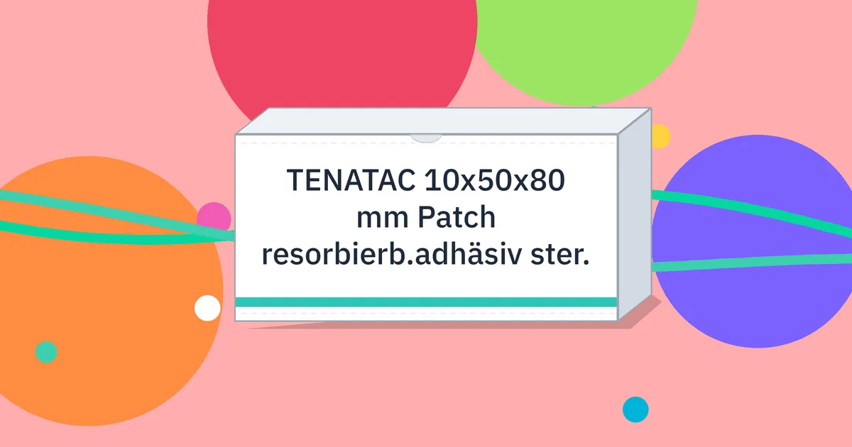 Symbolbild: Packung mit der Aufschrift TENATAC 10x50x80 mm Patch resorbierb.adhäsiv ster. (PZN 16210805) – Verfügbarkeit und Bezug in Apotheken in Frankfurt am Main