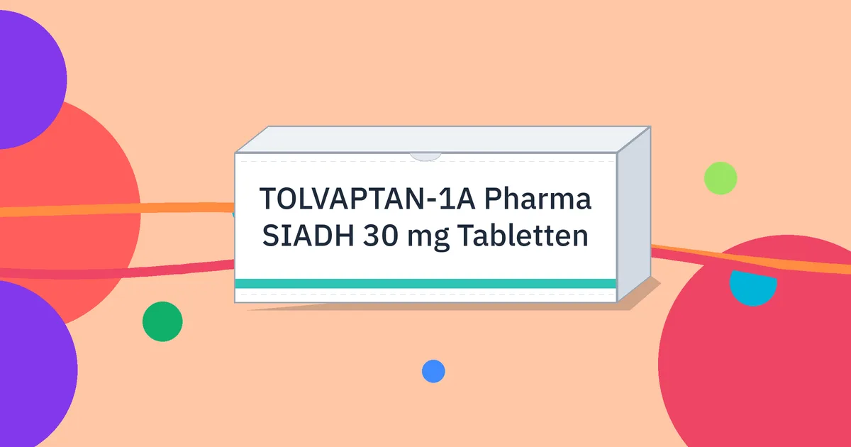 Symbolbild: Packung mit der Aufschrift TOLVAPTAN-1A Pharma SIADH 30 mg Tabletten (PZN 19100879) – Verfügbarkeit und Bezug in Apotheken in Frankfurt am Main