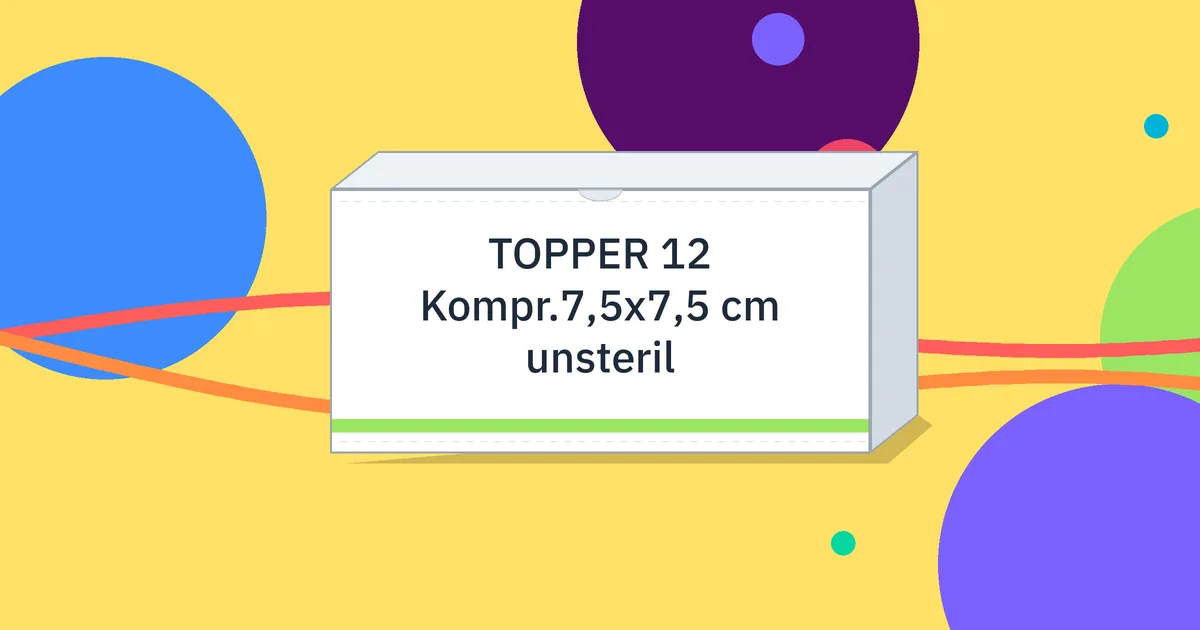 Symbolbild: Packung mit der Aufschrift TOPPER 12 Kompr.7,5x7,5 cm unsteril (PZN 03307236) – Verfügbarkeit und Bezug in Apotheken in Frankfurt am Main