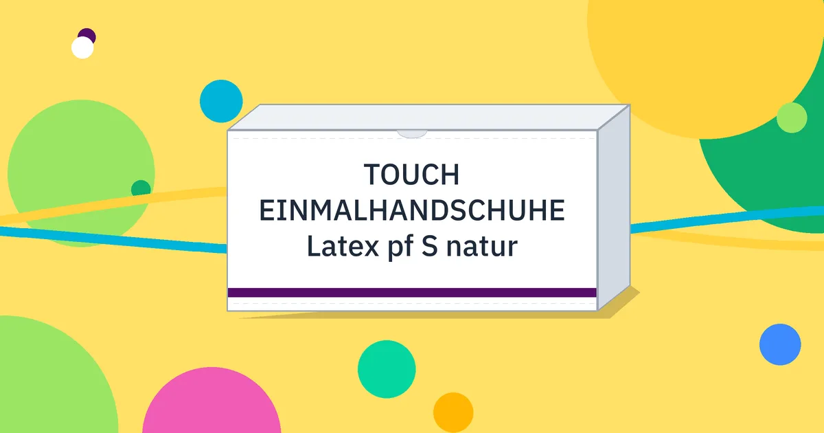 Symbolbild: Packung mit der Aufschrift TOUCH EINMALHANDSCHUHE Latex pf S natur (PZN 17383761) – Verfügbarkeit und Bezug in Apotheken in Frankfurt am Main