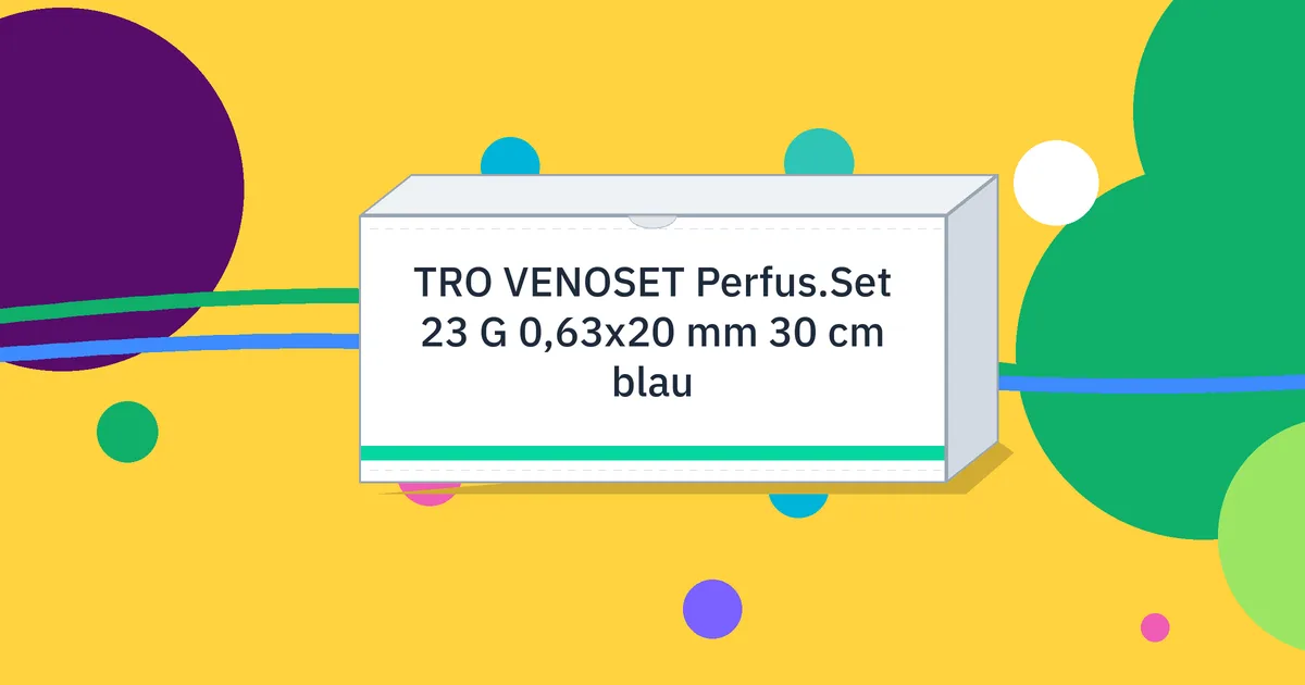Symbolbild: Packung mit der Aufschrift TRO VENOSET Perfus.Set 23 G 0,63x20 mm 30 cm blau (PZN 12366077) – Verfügbarkeit und Bezug in Apotheken in Frankfurt am Main
