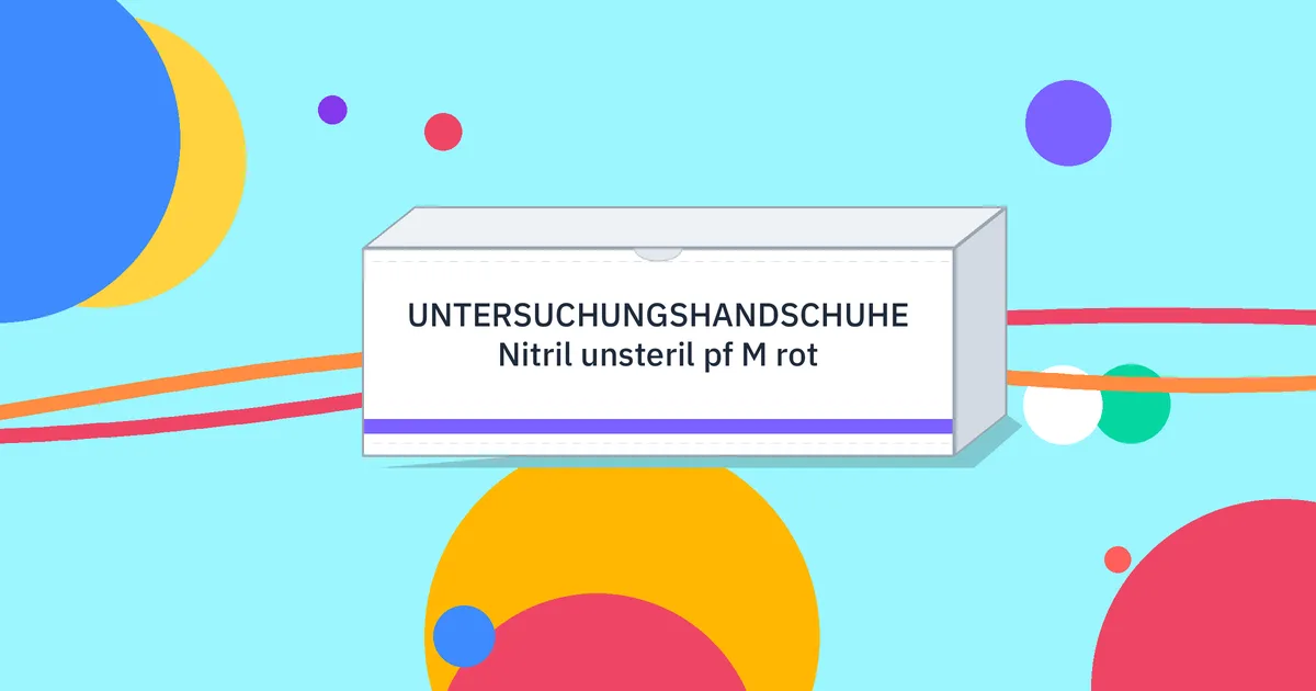 Symbolbild: Packung mit der Aufschrift UNTERSUCHUNGSHANDSCHUHE Nitril unsteril pf M rot (PZN 14399804) – Verfügbarkeit und Bezug in Apotheken in Frankfurt am Main