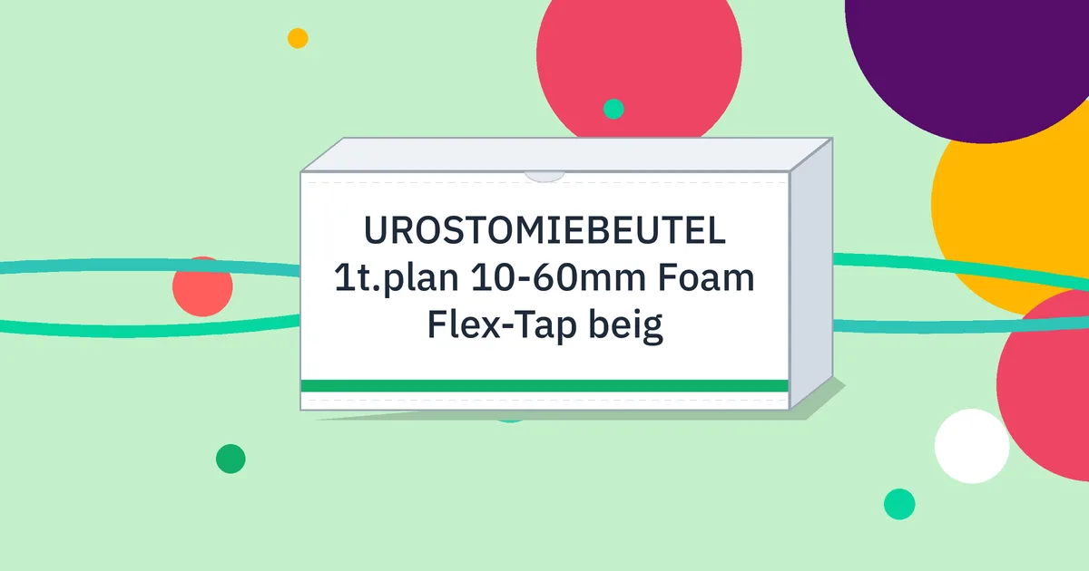 Symbolbild: Packung mit der Aufschrift UROSTOMIEBEUTEL 1t.plan 10-60mm Foam Flex-Tap beig (PZN 17940612) – Verfügbarkeit und Bezug in Apotheken in Frankfurt am Main