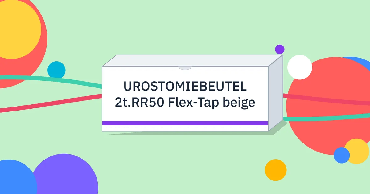 Symbolbild: Packung mit der Aufschrift UROSTOMIEBEUTEL 2t.RR50 Flex-Tap beige (PZN 10204910) – Verfügbarkeit und Bezug in Apotheken in Frankfurt am Main