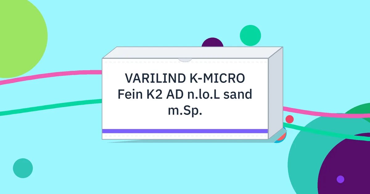 Symbolbild: Packung mit der Aufschrift VARILIND K-MICRO Fein K2 AD n.lo.L sand m.Sp. (PZN 20558514) – Verfügbarkeit und Bezug in Apotheken in Frankfurt am Main