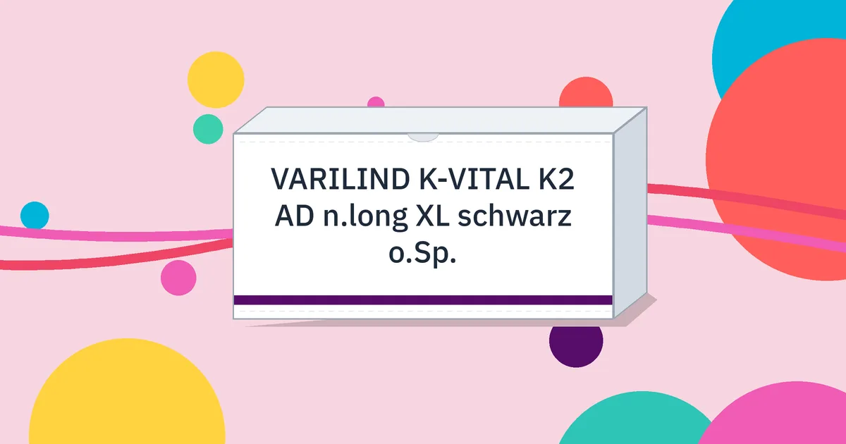 Symbolbild: Packung mit der Aufschrift VARILIND K-VITAL K2 AD n.long XL schwarz o.Sp. (PZN 20568406) – Verfügbarkeit und Bezug in Apotheken in Frankfurt am Main