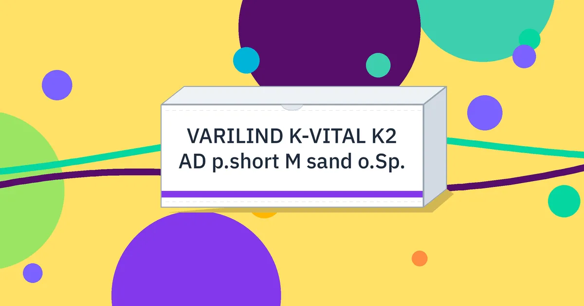 Symbolbild: Packung mit der Aufschrift VARILIND K-VITAL K2 AD p.short M sand o.Sp. (PZN 20567648) – Verfügbarkeit und Bezug in Apotheken in Frankfurt am Main