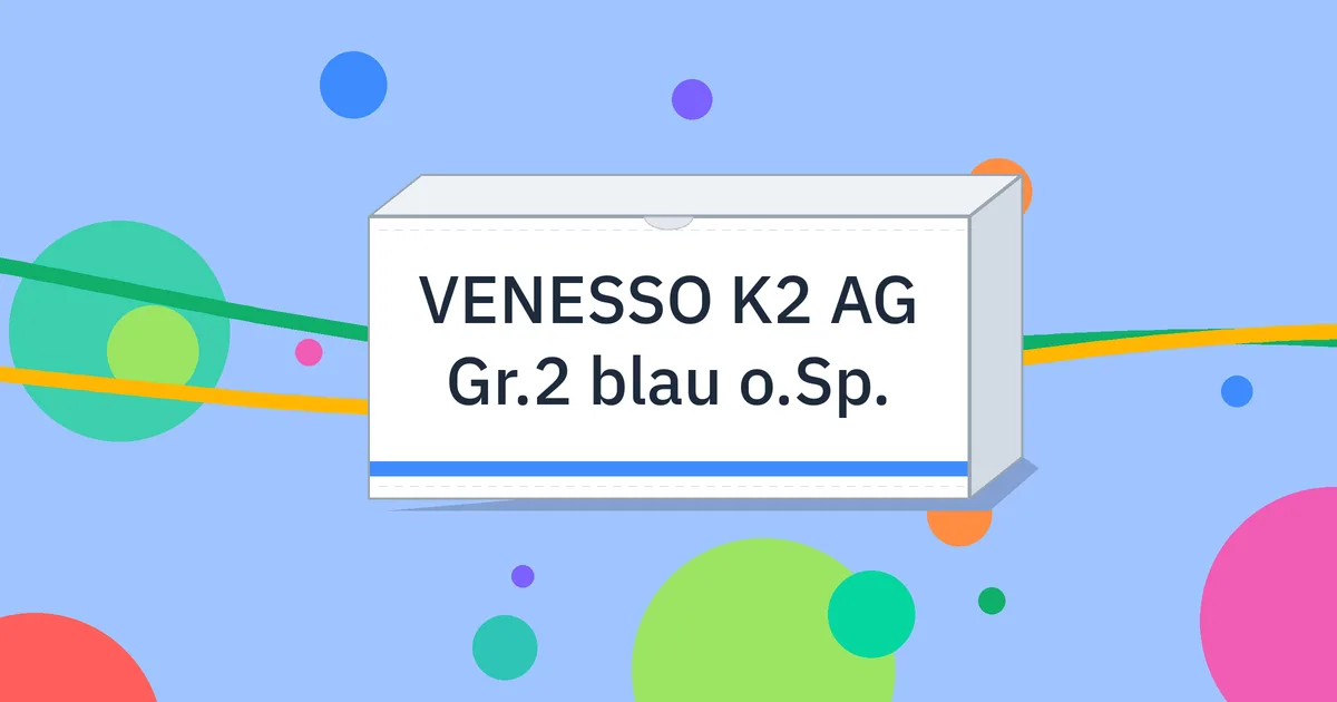 Symbolbild: Packung mit der Aufschrift VENESSO K2 AG Gr.2 blau o.Sp. (PZN 03280388) – Verfügbarkeit und Bezug in Apotheken in Frankfurt am Main